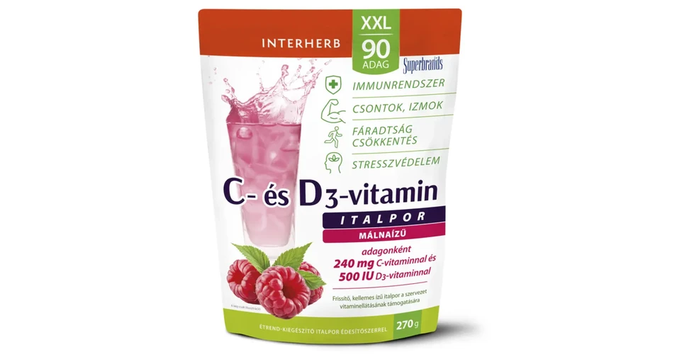 Interherb XXL 90 adag C+D3-vitamin Málna ízű italpor 270 g - Multi ...